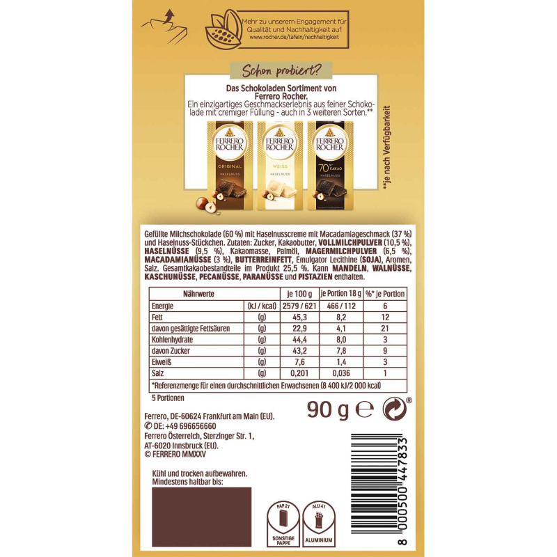 Ferrero Rocher Tafel Haselnuss & Macadamia 90g - Csokibarát